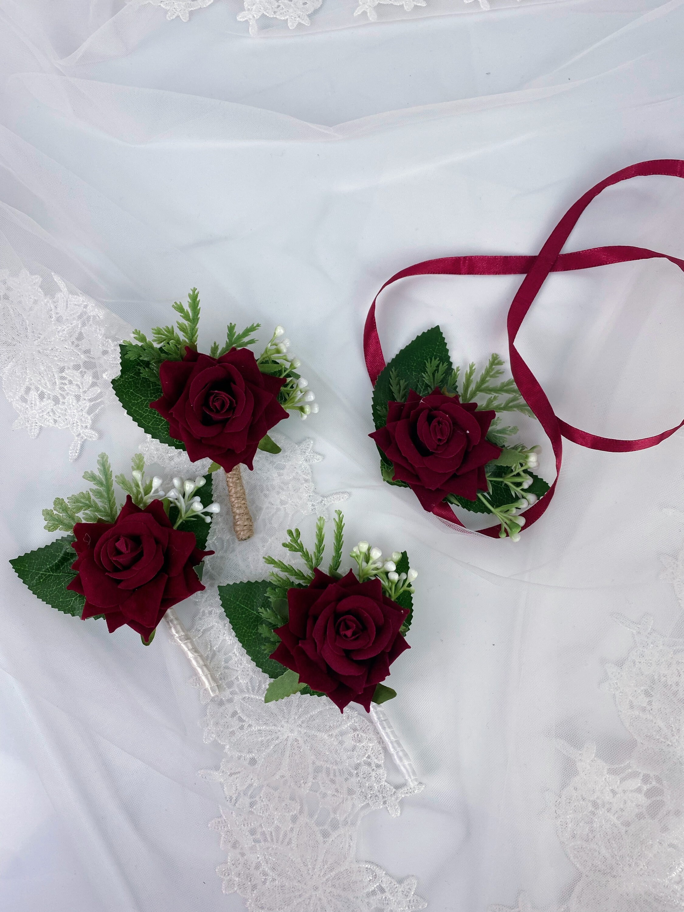 Burgundy Rose Wedding Boutonniere: Silk Flower Groom Groomsmen ...