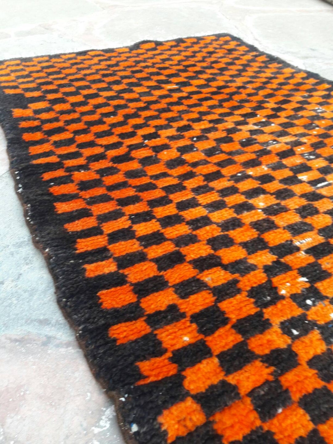 3'3x6'3/ Orange Checkered Design Rug/ Turkish Tribal Rug/ Brown ...