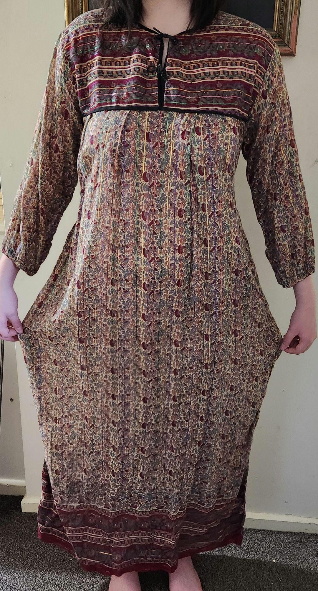 Vintage 1970s Deadstock Block Print Lurex Thread Cotton Gauze Dress ...
