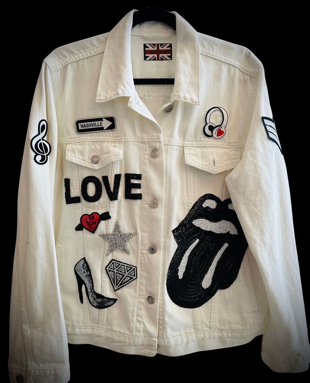 SOLD ROCKTHEJACKET White Denim Rock Jacket Sewn Patches One of a Kind ...