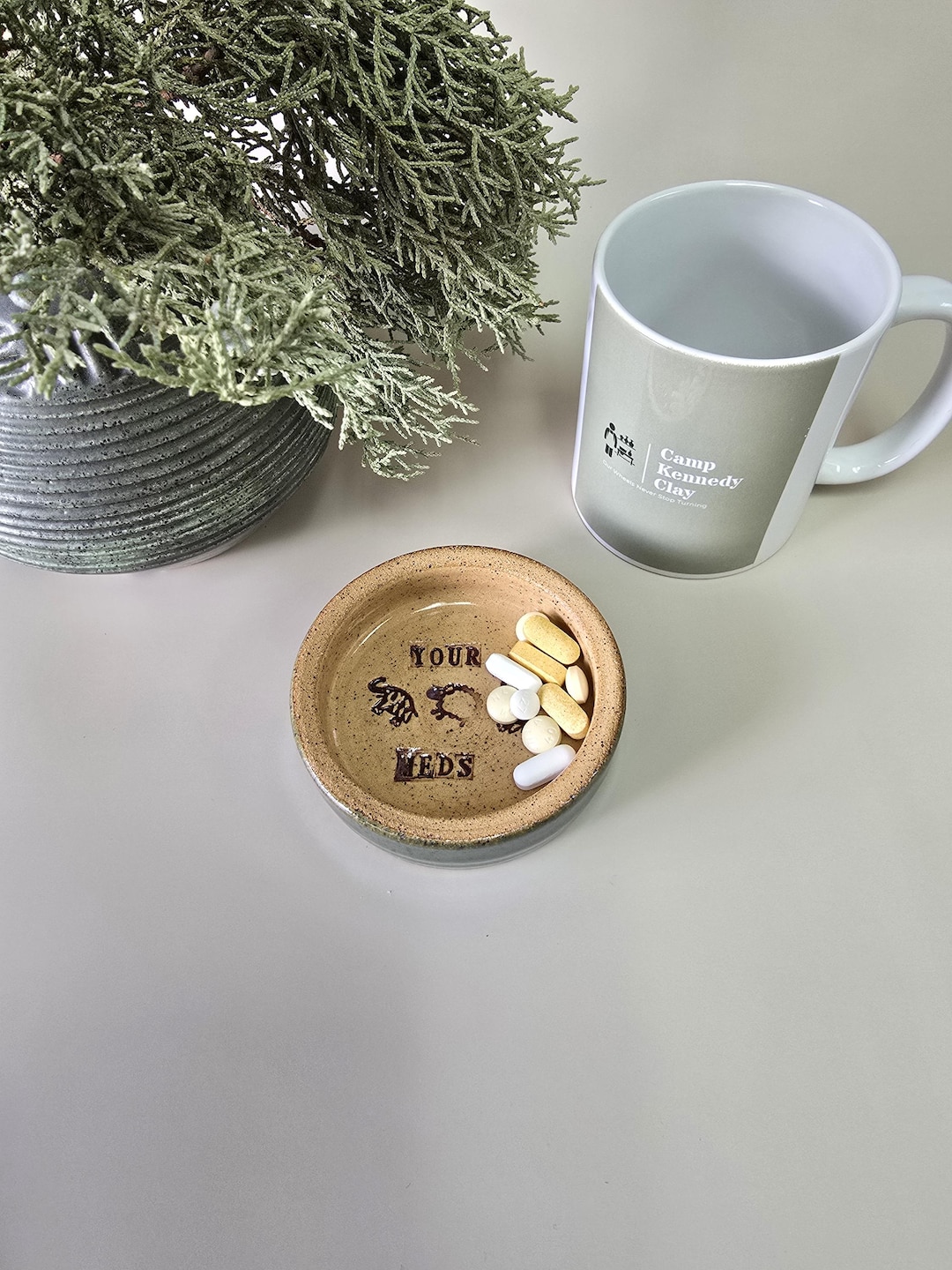 Handmade Ceramic Pill Bowl, Olive Green Glaze - "your Meds" - Etsy