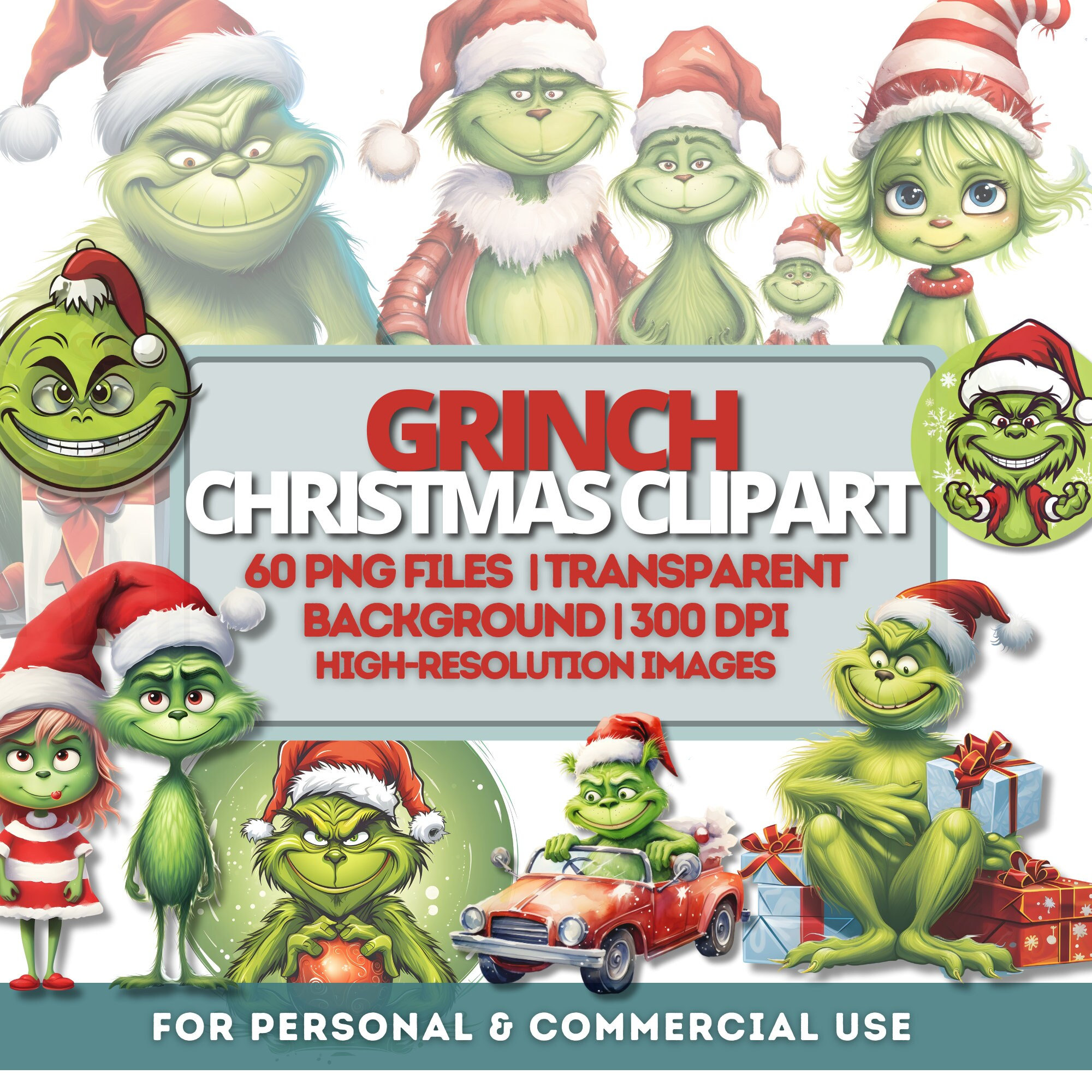 Christmas Grinch Clipart Bundle, 60 Grinch Xmas PNG Clip Art, Merry ...
