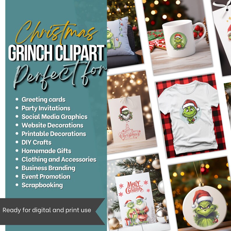 Christmas Grinch Clipart Bundle, 60 Grinch Xmas PNG Clip Art, Merry ...
