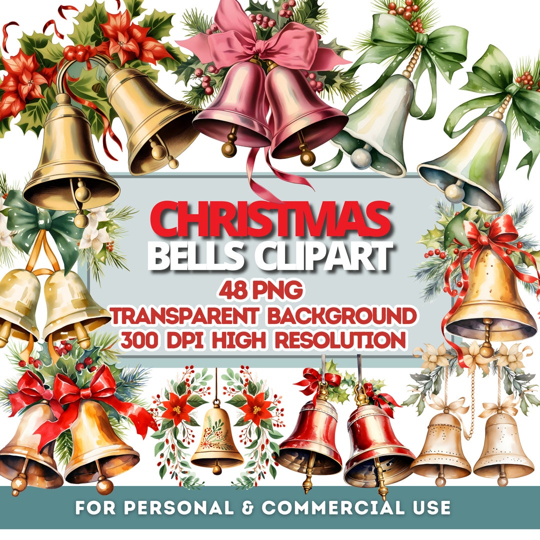 Christmas Bells Clipart Bundle, 48 Christmas Bell PNG Images, Jingle ...
