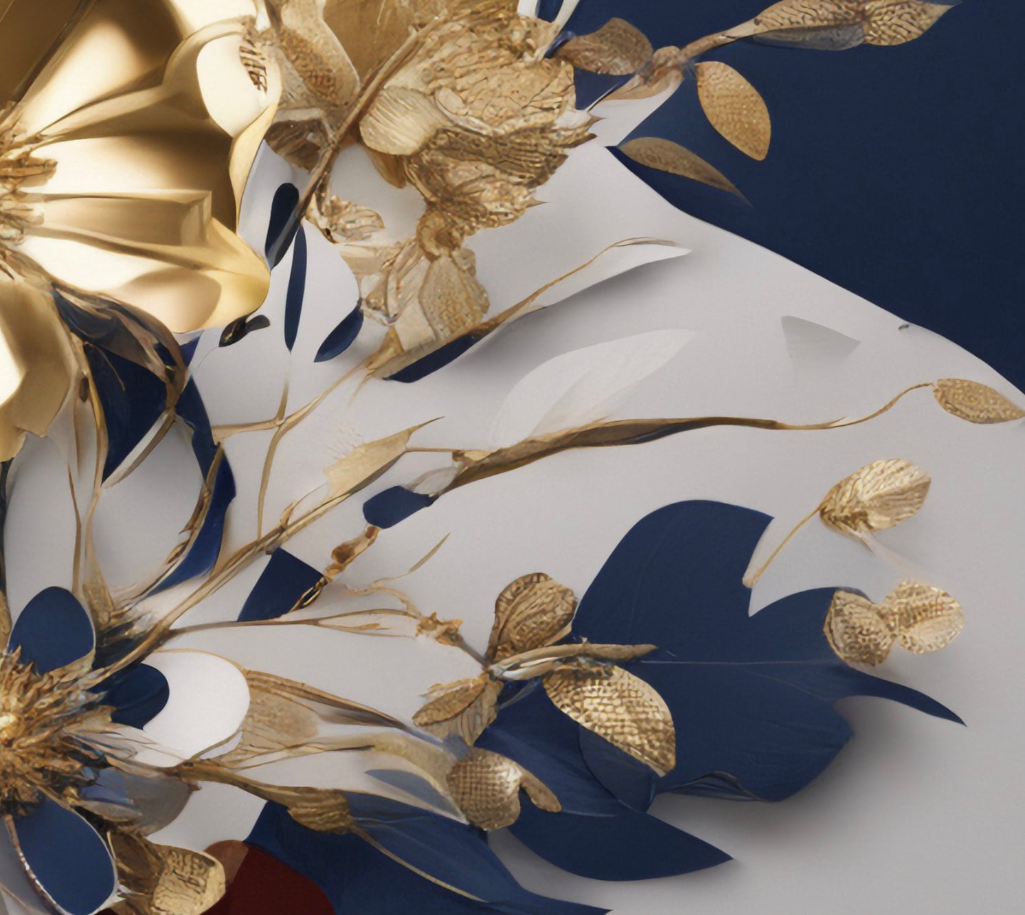 Gold Metal Flowers Art Print: Blue & Red Floral Wall Decor (digital ...