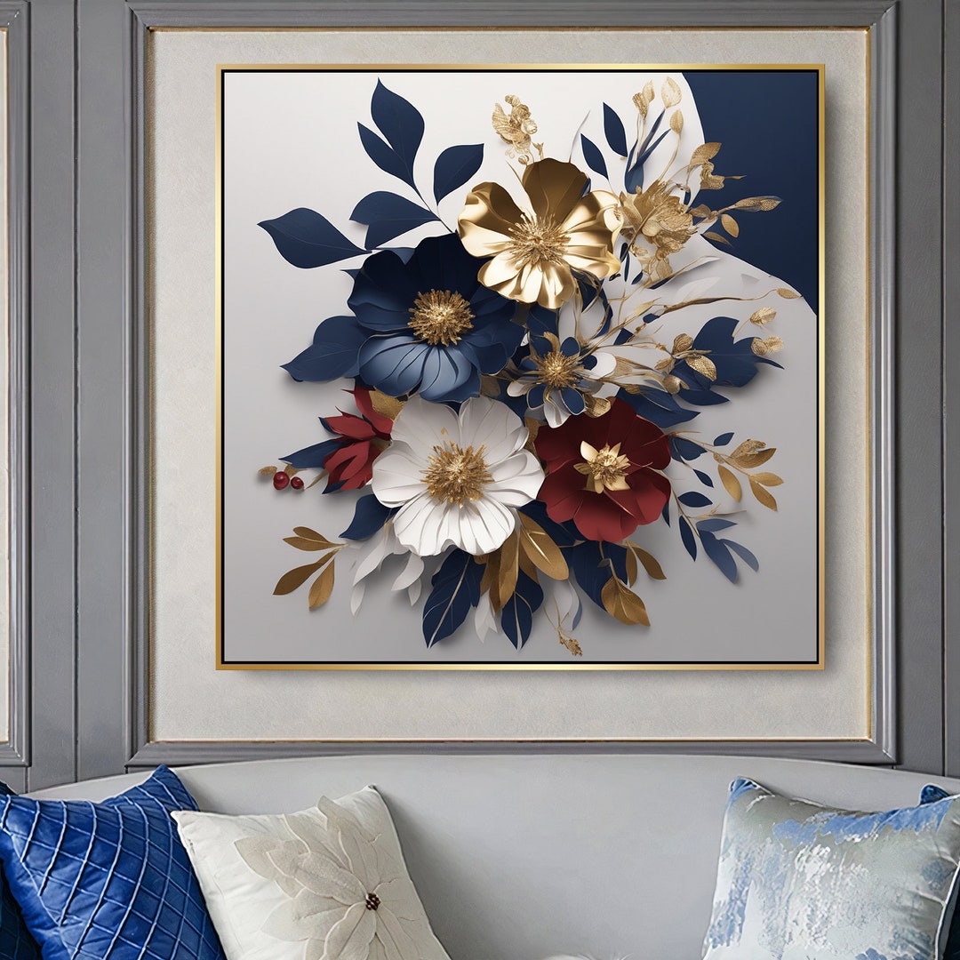 Gold Metal Flowers Art Print: Blue & Red Floral Wall Decor (digital ...