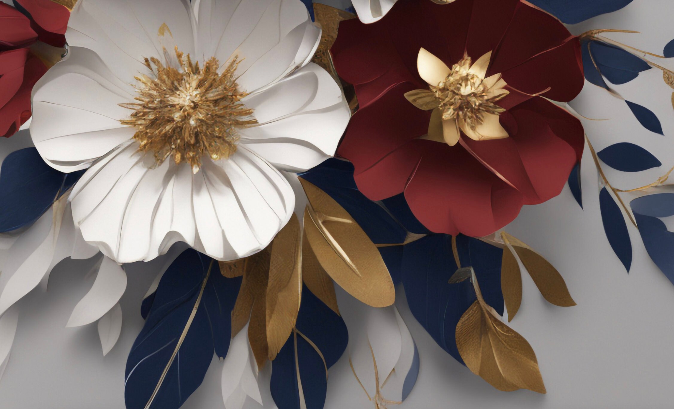 Gold Metal Flowers Art Print: Blue & Red Floral Wall Decor (digital ...