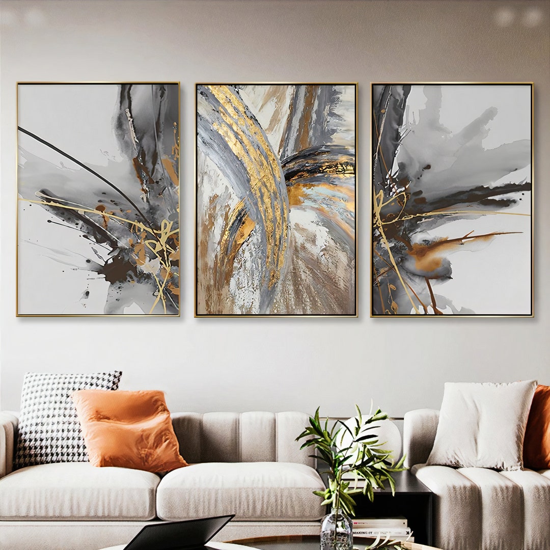 Gold & Gray Abstract Canvas Print Set: Aluminum Framed Wall Art - Etsy