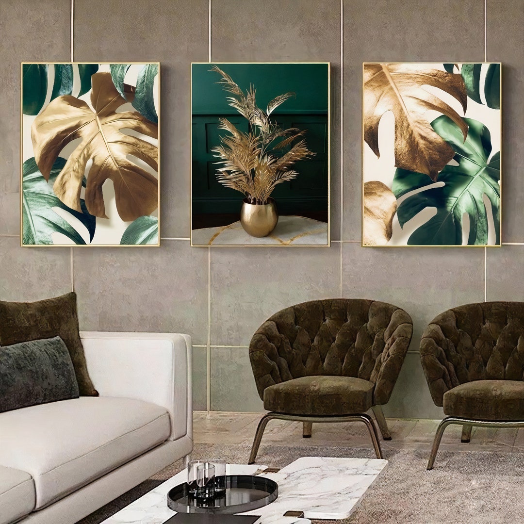 Printable Green Gold Plant Set of 3 Wall Art Print, Green Abstract ...