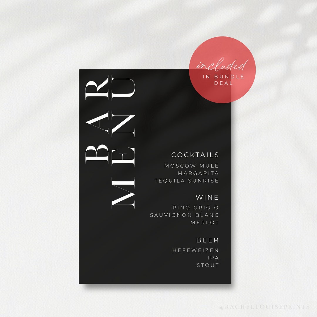 Modern Bar Menu Black Bar Menu Bar Menu Template Wedding Bar Printable ...