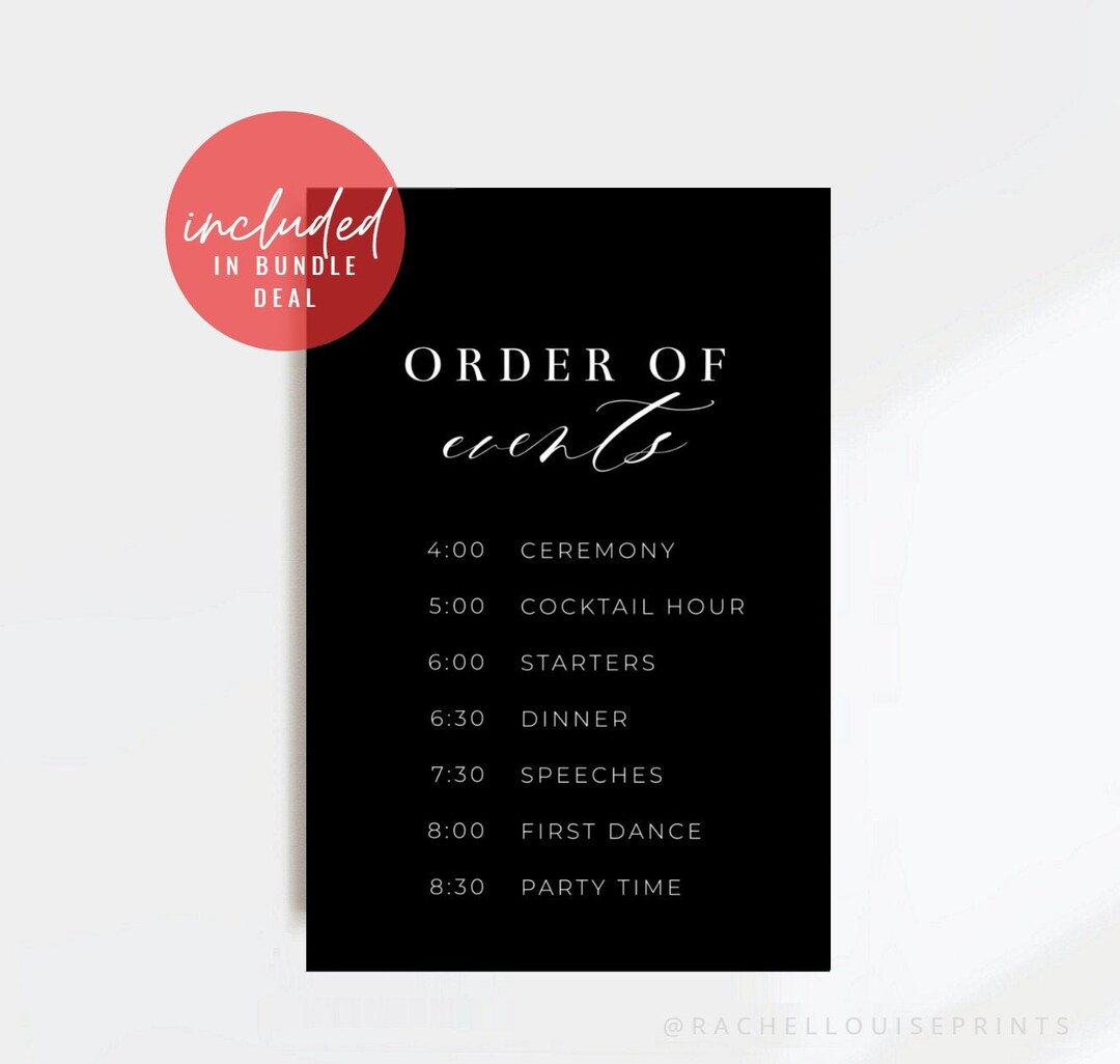 Order of Events Printable Black Order of Events Sign Modern Order of ...