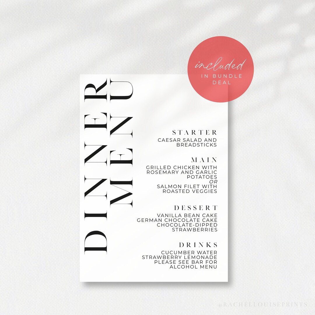Modern Dinner Menu Template Modern Wedding Dinner Menu Printable Modern ...
