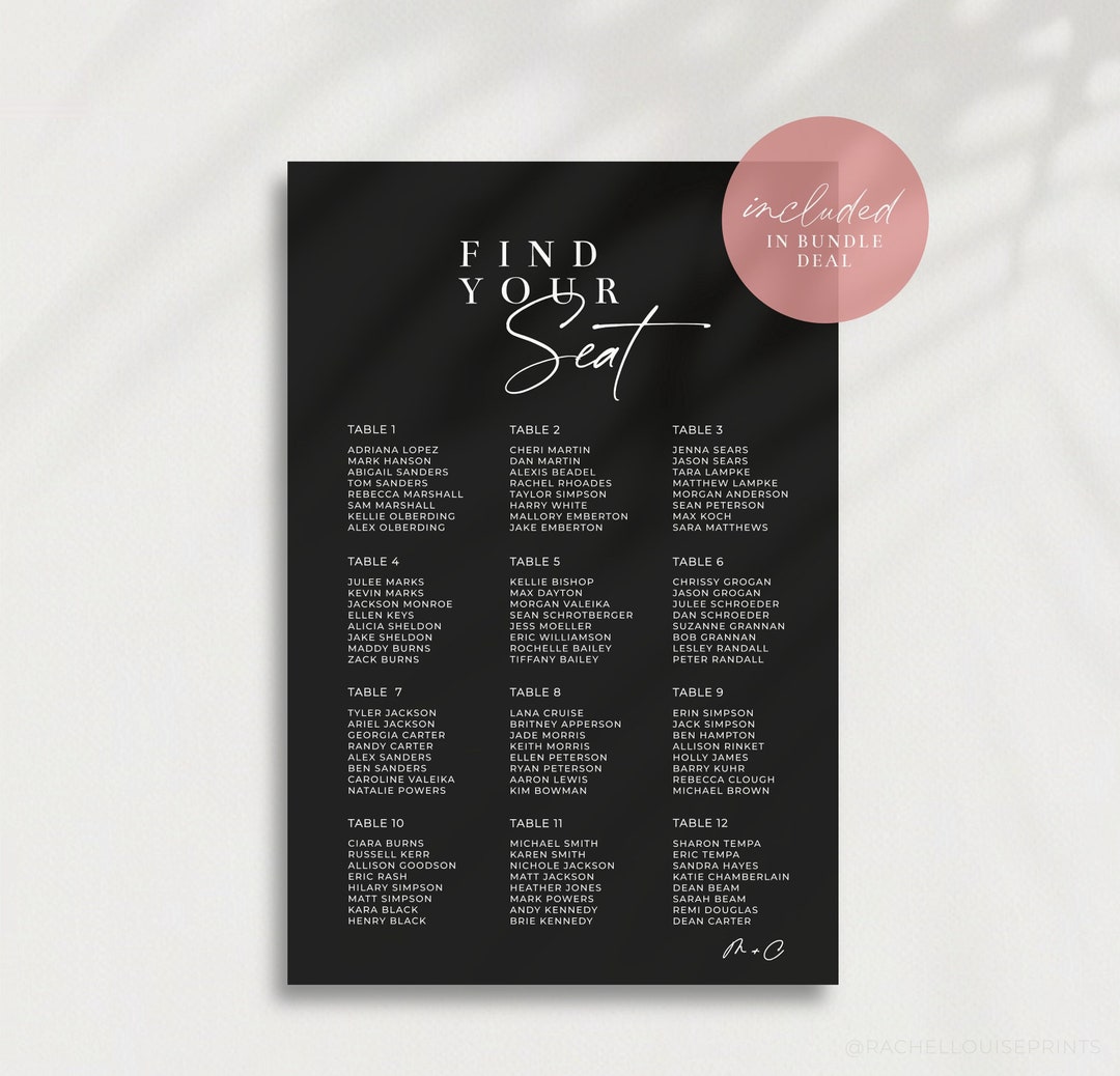 Modern Seating Chart Modern Script Seating Chart Modern Find Your Seat ...