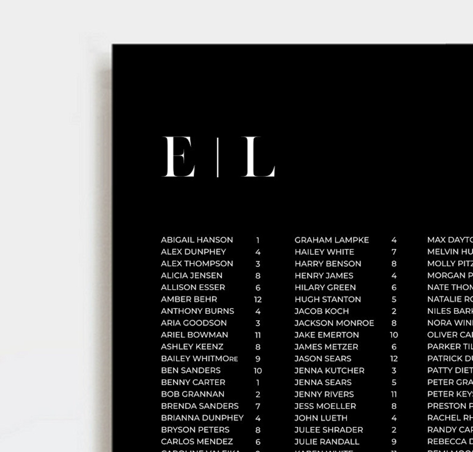 Modern Black Seating Chart Alphabetical Seating Chart Edgy - Etsy