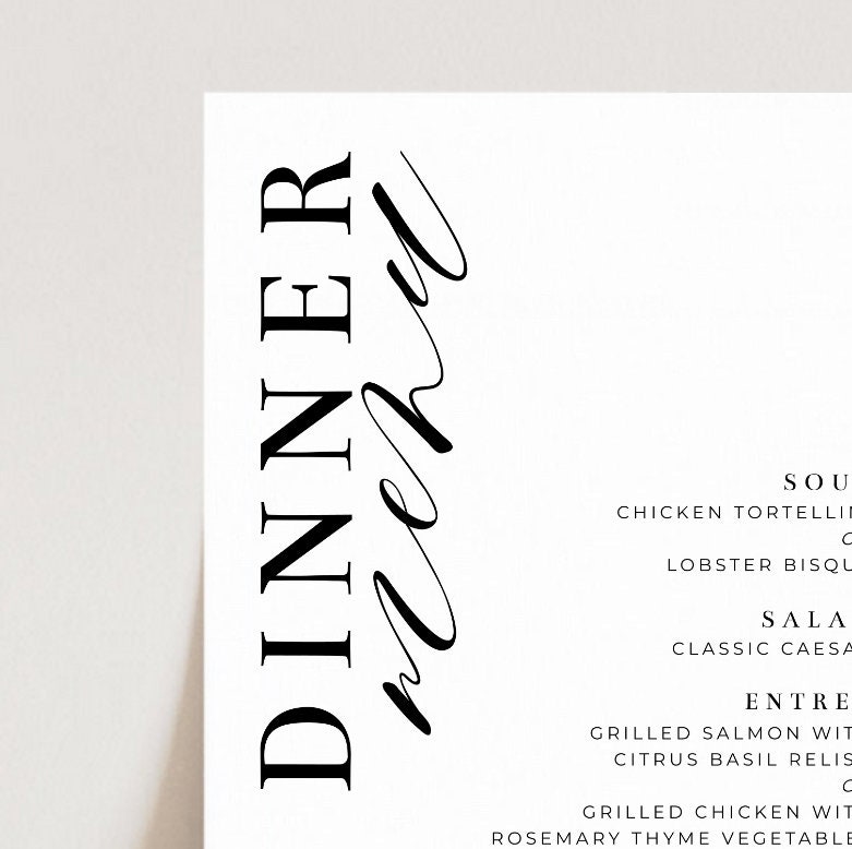 Modern Script Wedding Menu Wedding Menu Template Modern Script Dinner ...