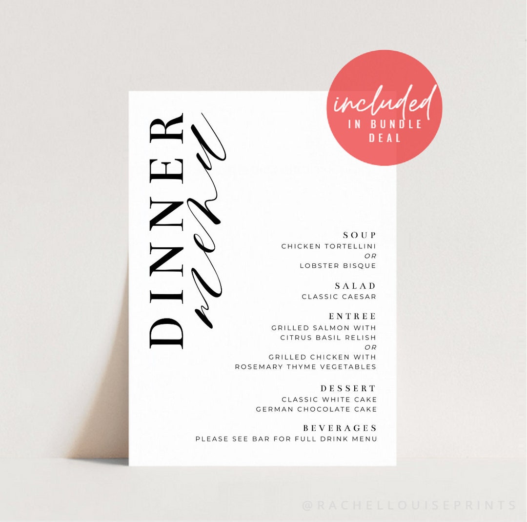 Modern Script Wedding Menu Wedding Menu Template Modern Script Dinner ...