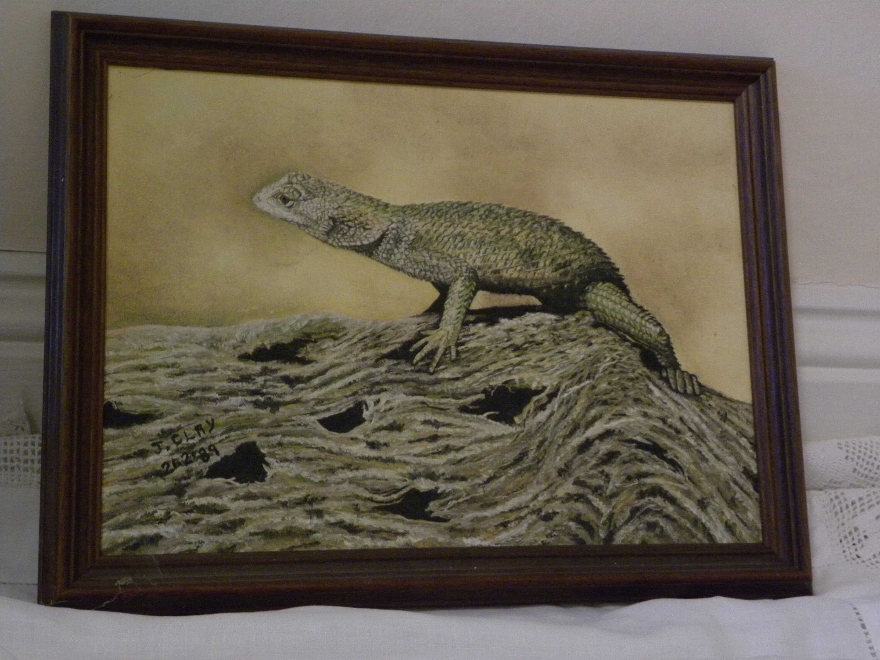 Lizard. Wildlife Art. Abstract Oil Painting of a Lizard in Wooden Frame ...