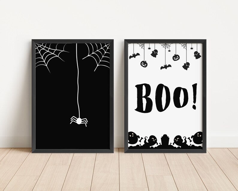 Black and White Halloween Prints Digital Printable, Set of 10 Halloween ...