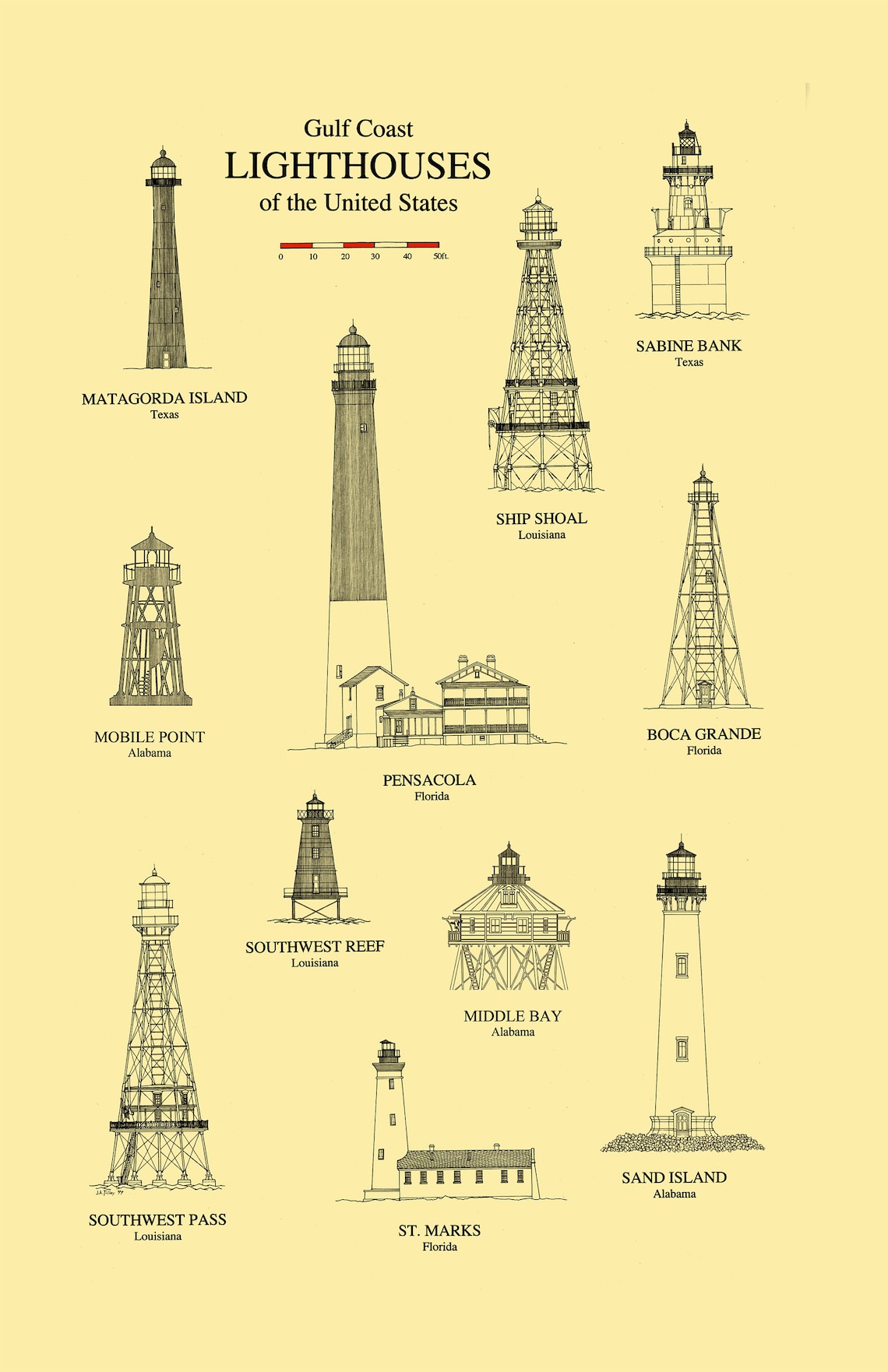 Gulf Coast Lighthouses - Gulf of Mexico Blueprint (modified) - Etsy