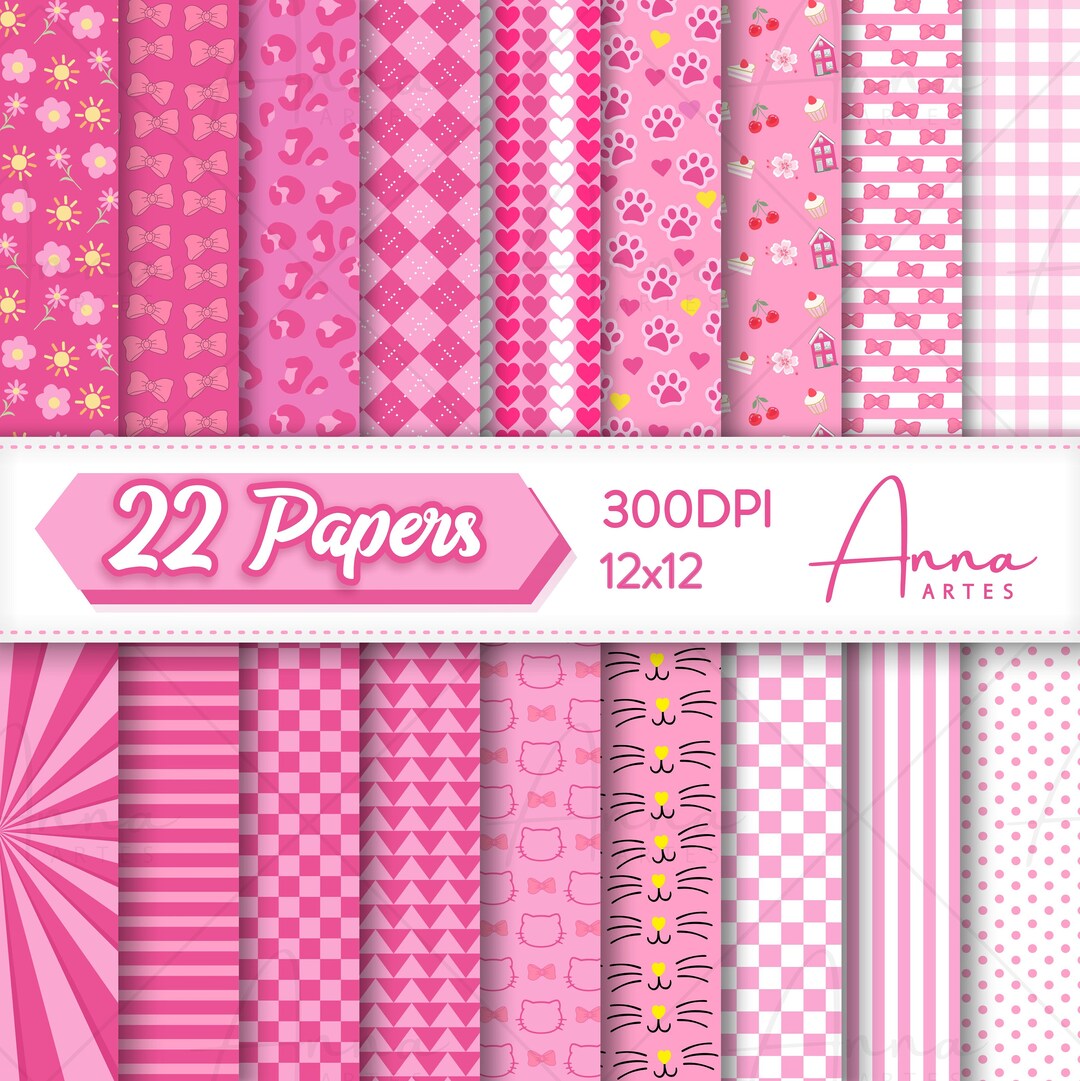 Cute Kitten Digital Paper, Cute Bow Kitty, Pink Kitty Birthday Party ...