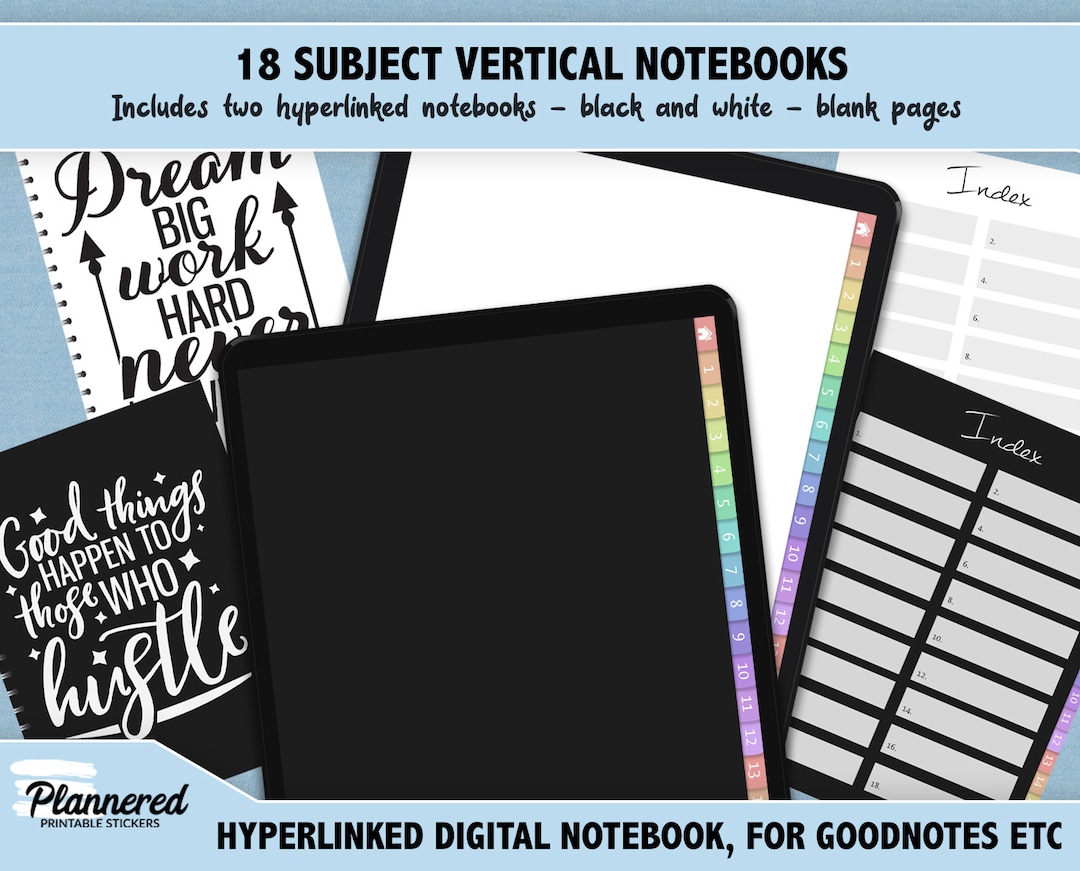 Black Vertical Digital Hyperlinked Notebook for Goodnotes, 18 Subject ...