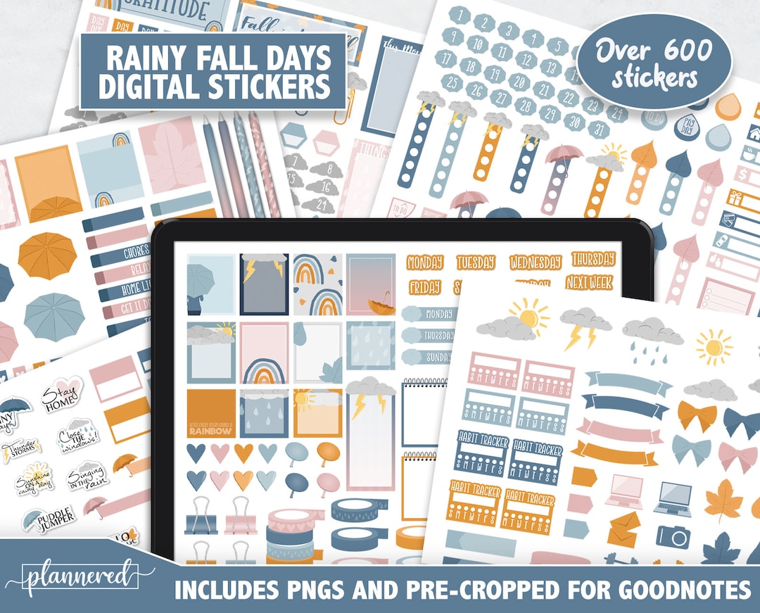 Rainy Fall Days Digital Stickers, 600+ Rainy Autumn Planner Sticker Set ...