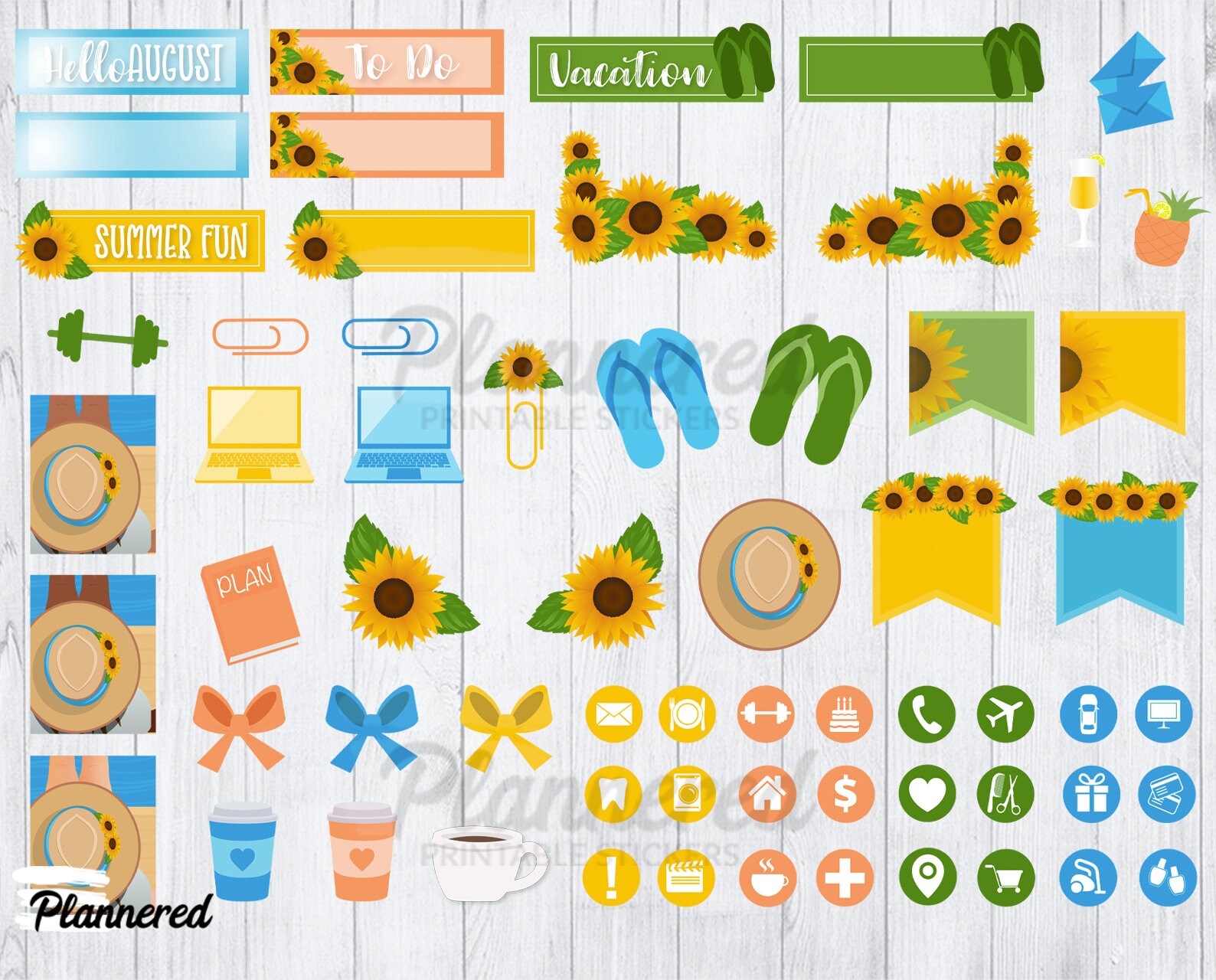 August Digital Stickers, 500+ Digital August Sunflower Sticker Set ...