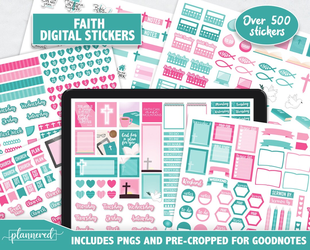 Bible Study Digital Stickers, Pink and Mint Faith Stickers, 500 ...