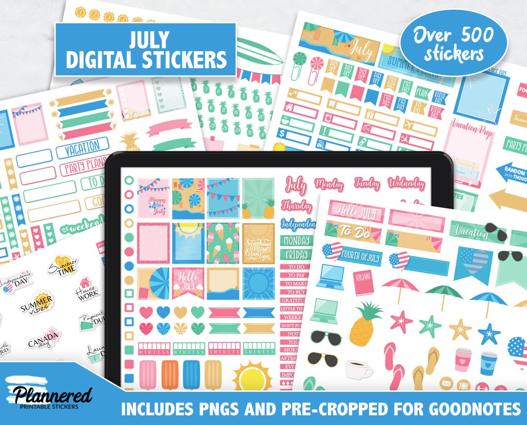 July Digital Stickers, 500+ Digital July Summer Sticker Set, Precropped ...
