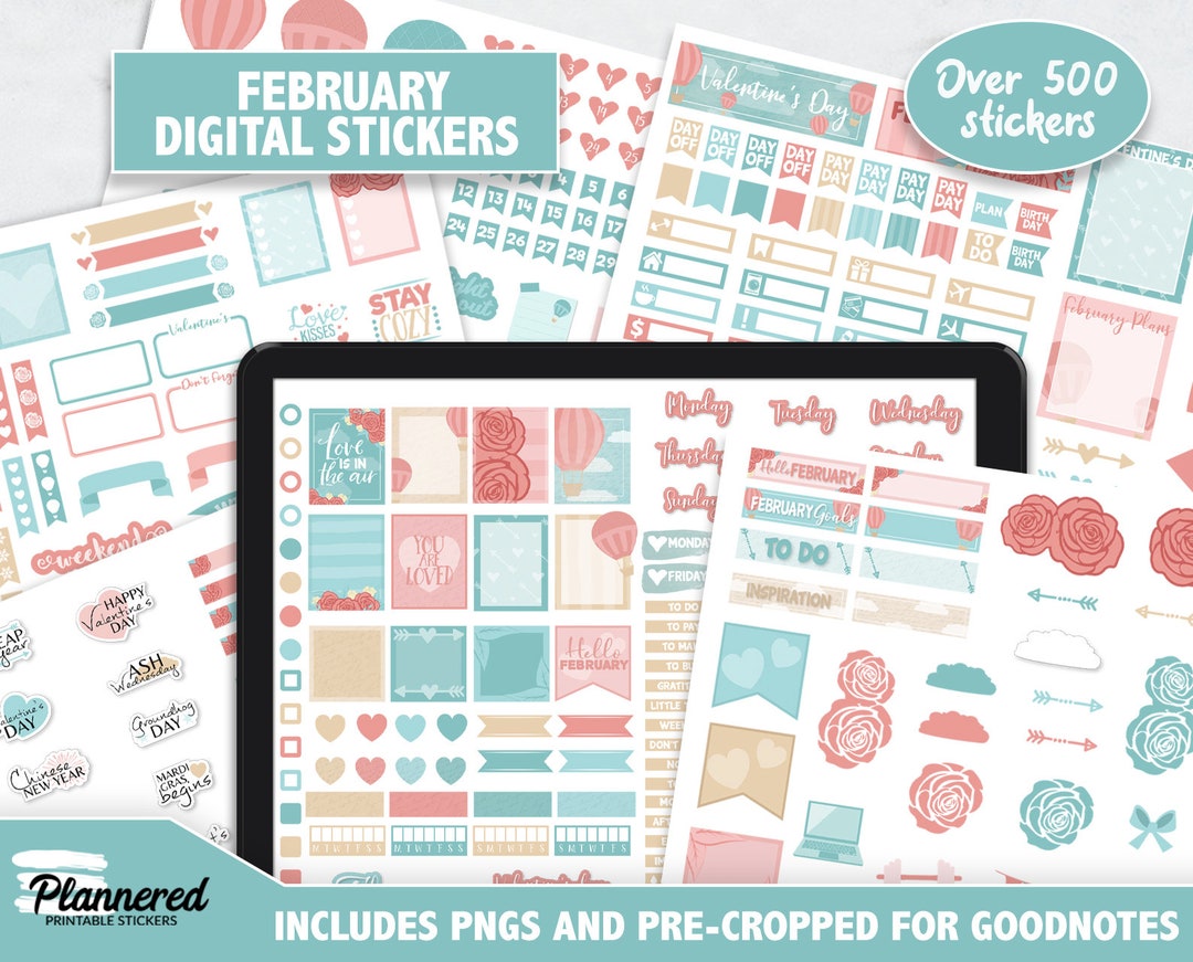 February Digital Stickers, 500+ Digital February Sticker Set ...