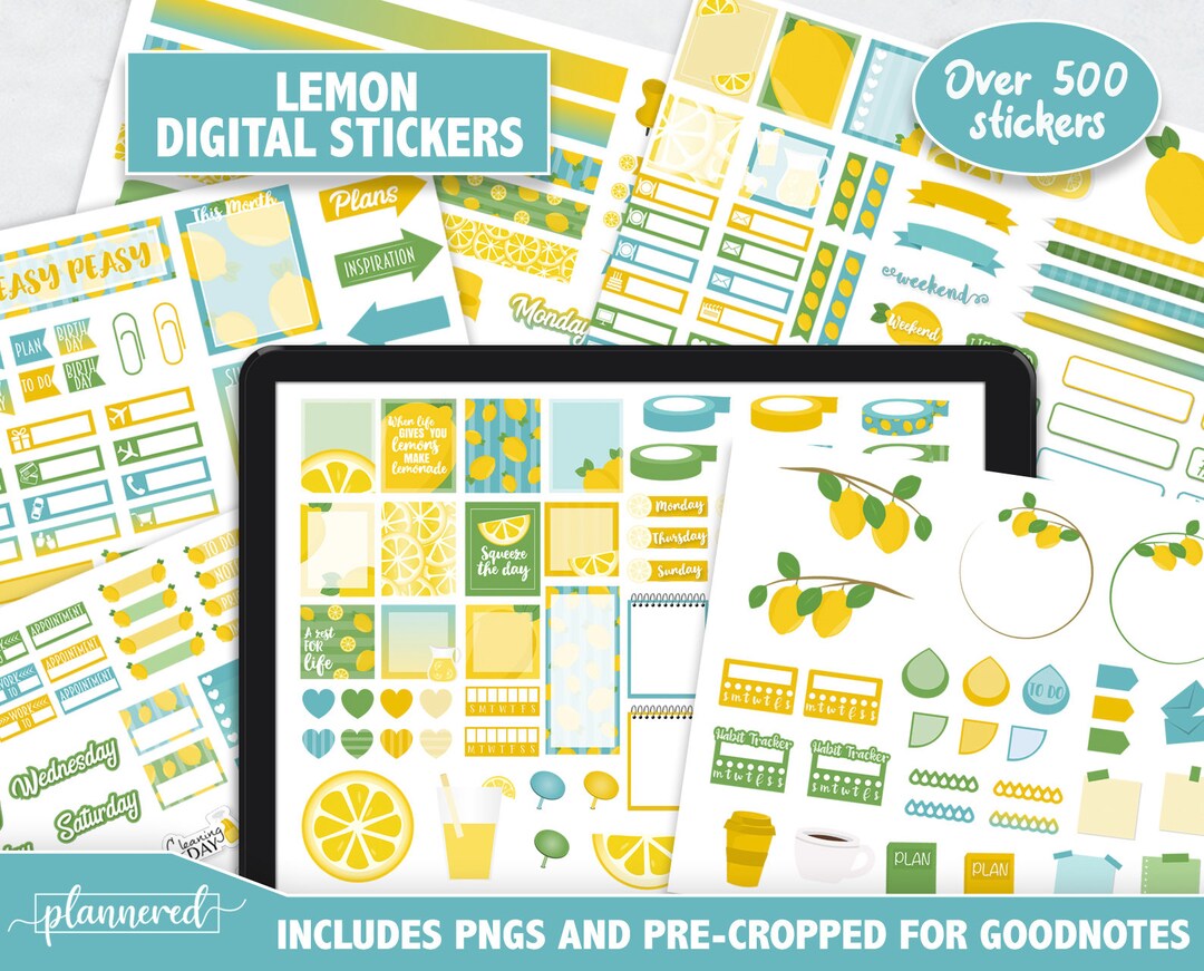 Lemon Digital Stickers, 500+ Summer Lemon Digital Sticker Set ...