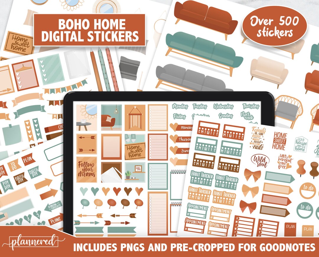 Boho Home Digital Stickers, 500+ Digital Cozy Boho Home Sticker Set ...