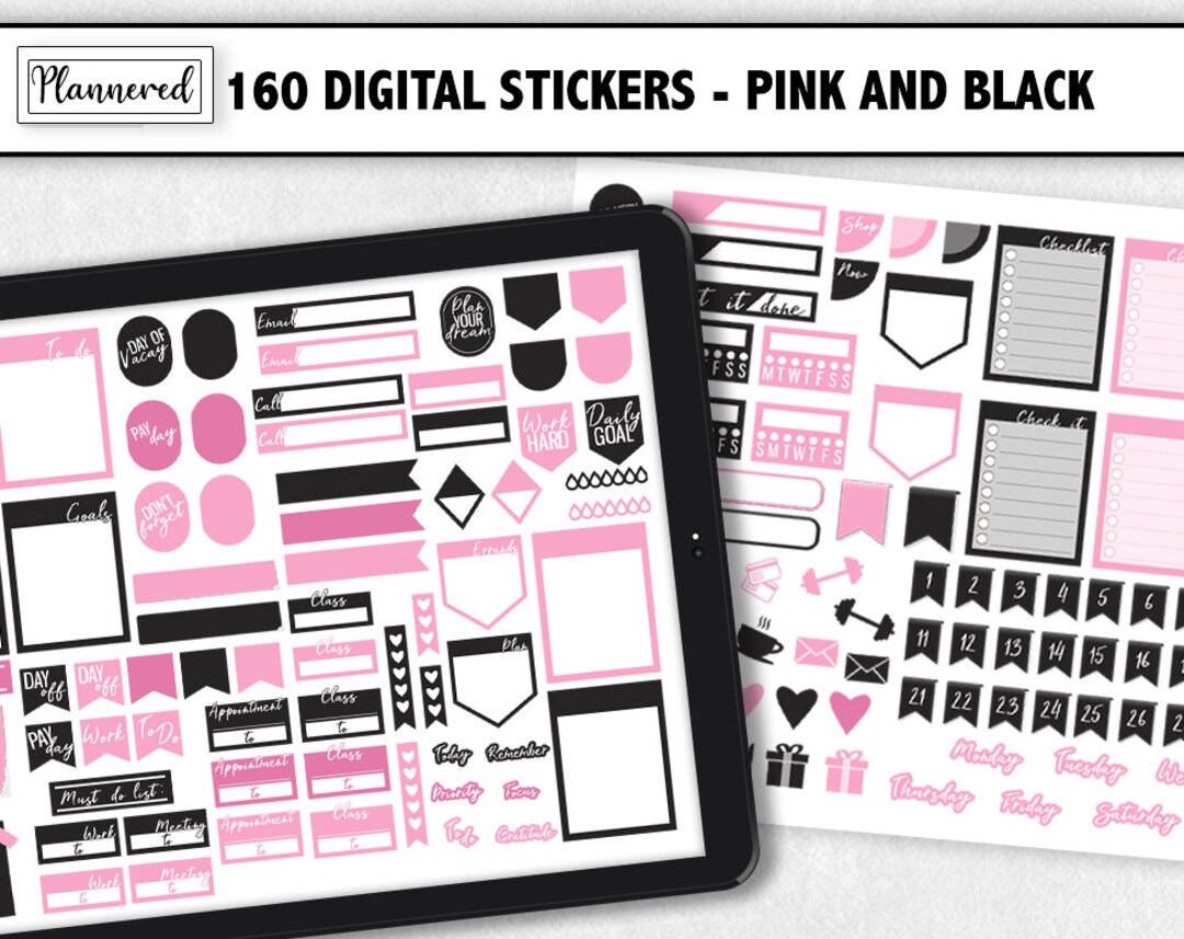 Digital Pink and Black Stickers, Productivity Goodnotes Stickers, Daily ...