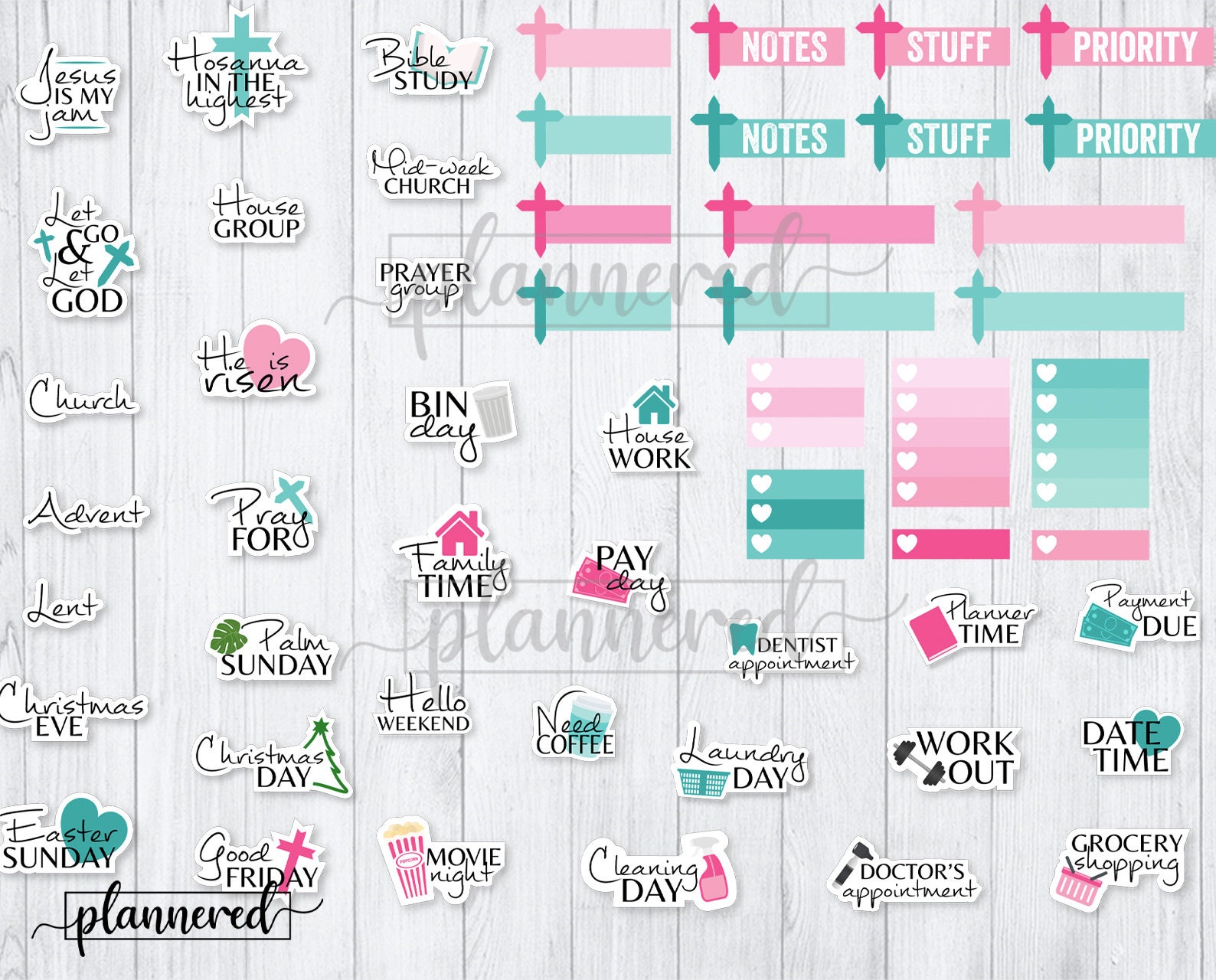 Bible Study Digital Stickers, Pink and Mint Faith Stickers, 500 ...