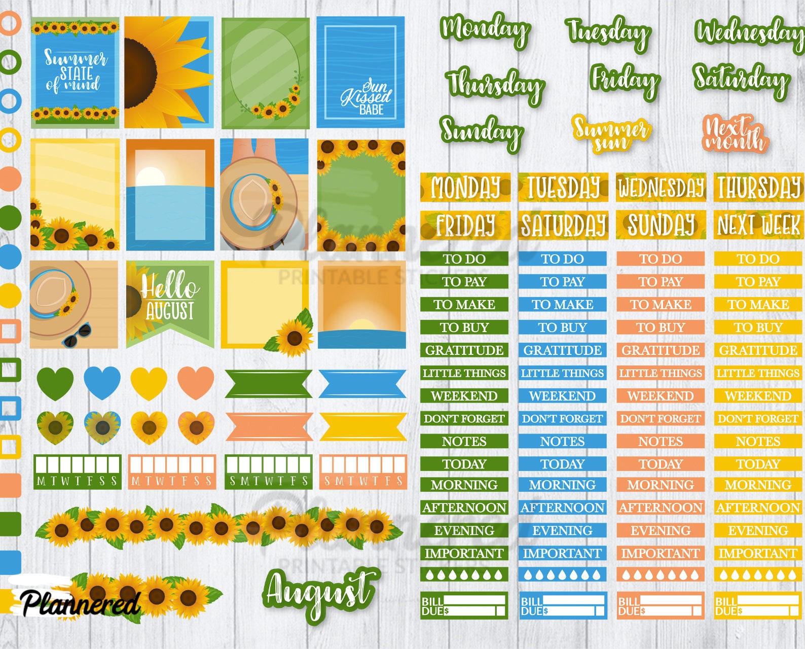 August Digital Stickers, 500+ Digital August Sunflower Sticker Set ...