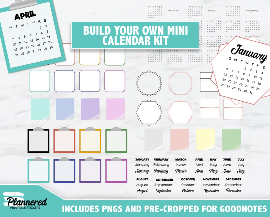 Digital Mini Calendar Kit, DIY Digital Stickers Precropped Goodnotes ...