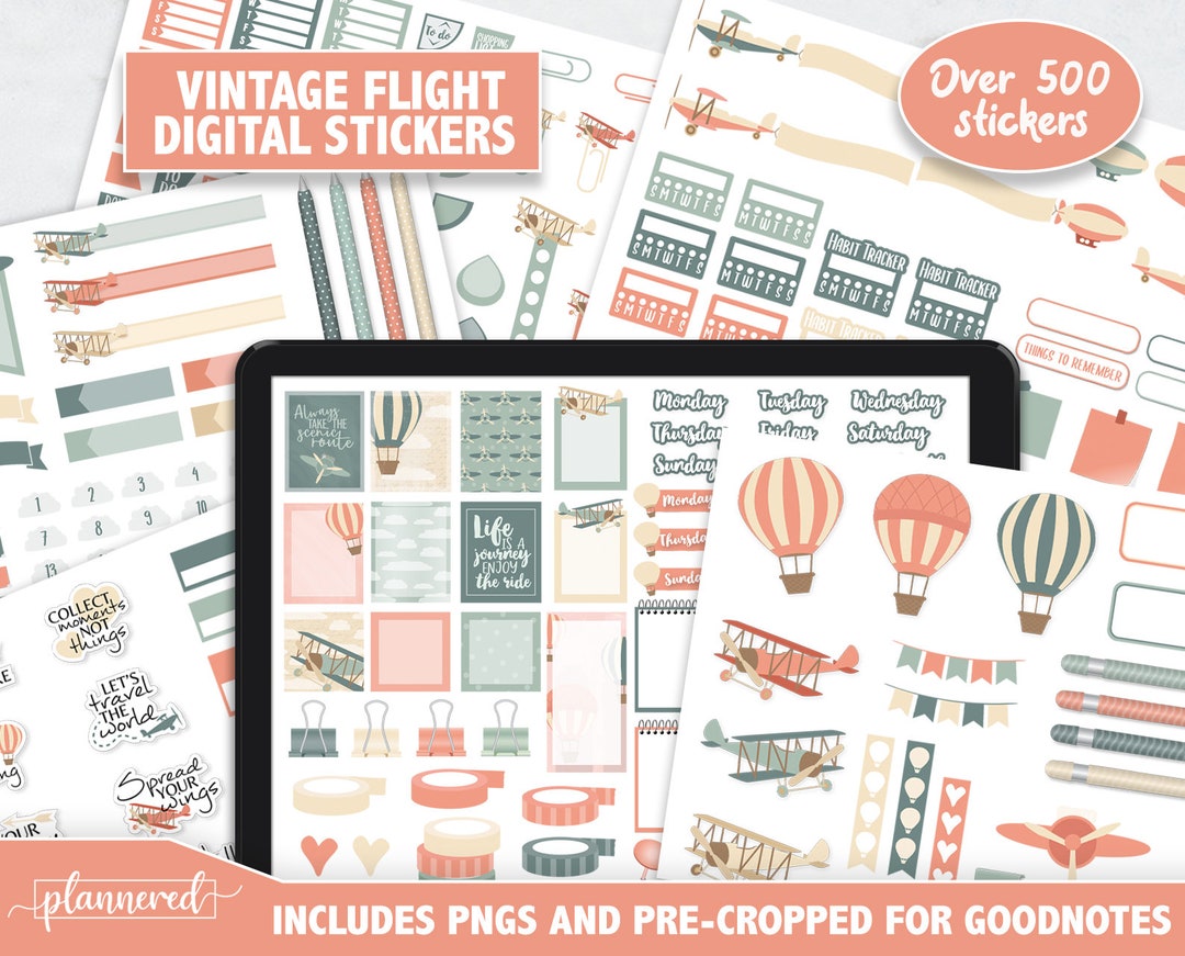 Vintage Flight Digital Stickers, 500+ Vintage Plane Digital Sticker Set ...