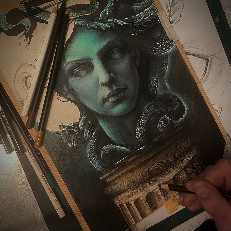 Medusa Greek Godess Original Handmade Unique Coloredpencil Artwork ...