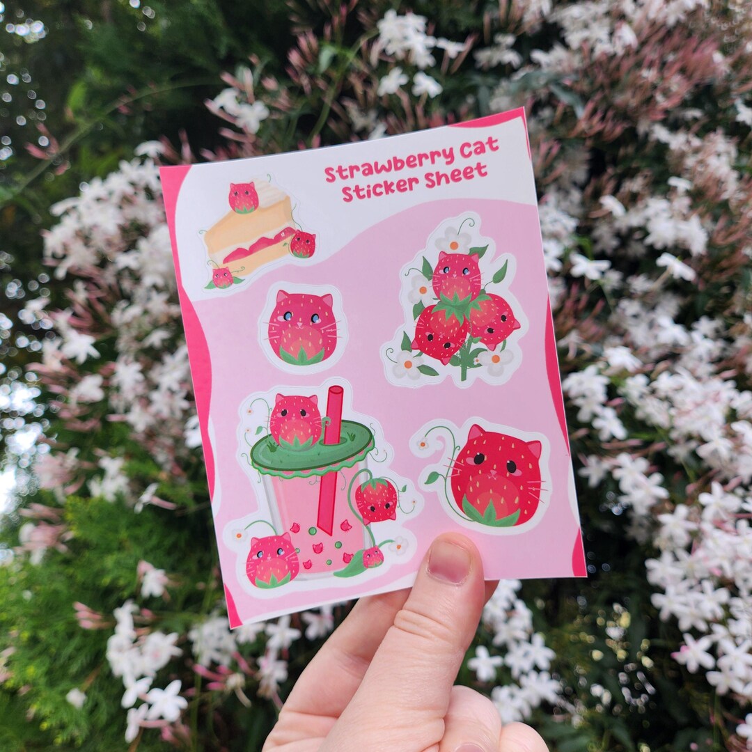 Strawberry Cat Themed Sticker Sheet, Strawberry Sticker Sheet, Cat ...