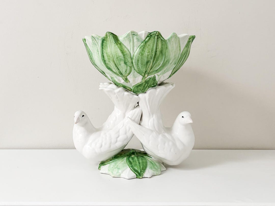 Vtg Art Nouveau Style Dove Planter W/ Leafy Pot Ceramic Pedestal Bowl ...