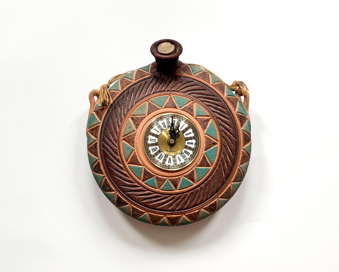 Vtg Terracotta Jug Wall Clock Hand Sculpted & Decorated Rustic Mexican ...