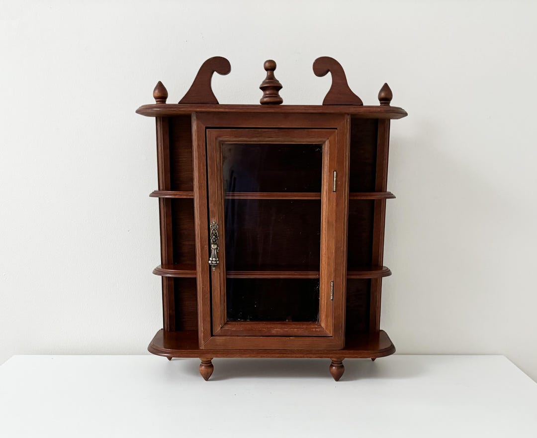Vtg Wood Curio Cabinet W/ Glass Door & Open Side Shelves 3-tier Trinket ...