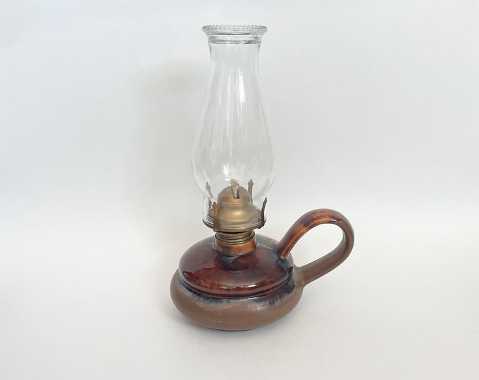 Vtg Oil Lamp Large Brown Stoneware Font W/ Handle Matte & Glossy ...