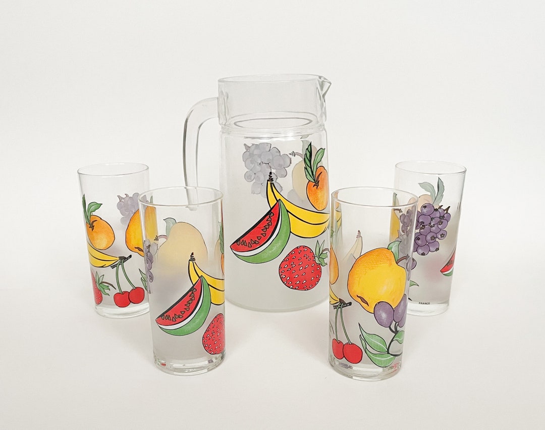 Vtg Fruit Themed Glass Pitcher Set by Dartington, France Clear W ...