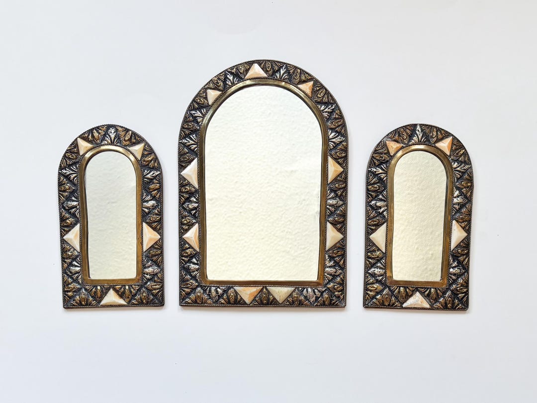 Vtg Moroccan Arch Wall Mirror Triptych | Brass Embossed Repousse Metal ...