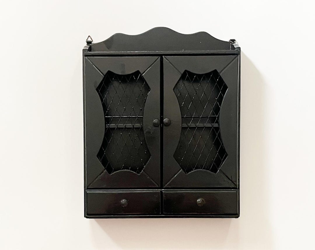 Vtg Wood Spice Cabinet Wall Mounted Painted Black Solid Wood W/ Drawers ...