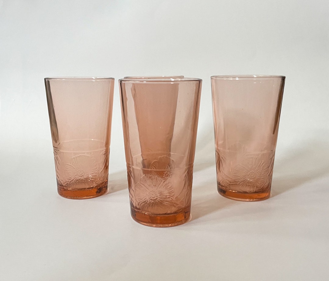 Vtg Pink Highball Glasses W/ Pressed Floral Design by KIG 4pc Set - Etsy