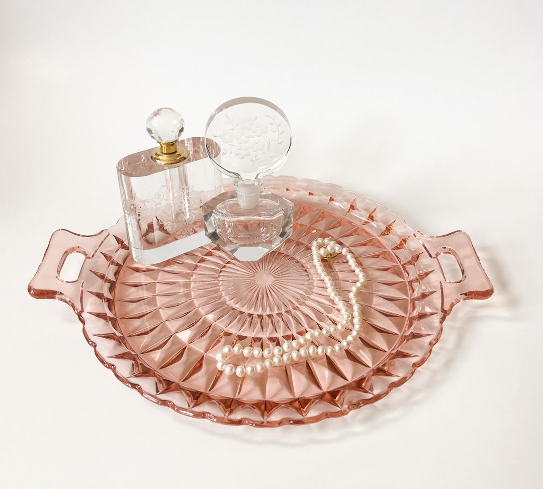 Vtg Pink Glass Tray Round Depression Glass Vanity/serving Tray W ...