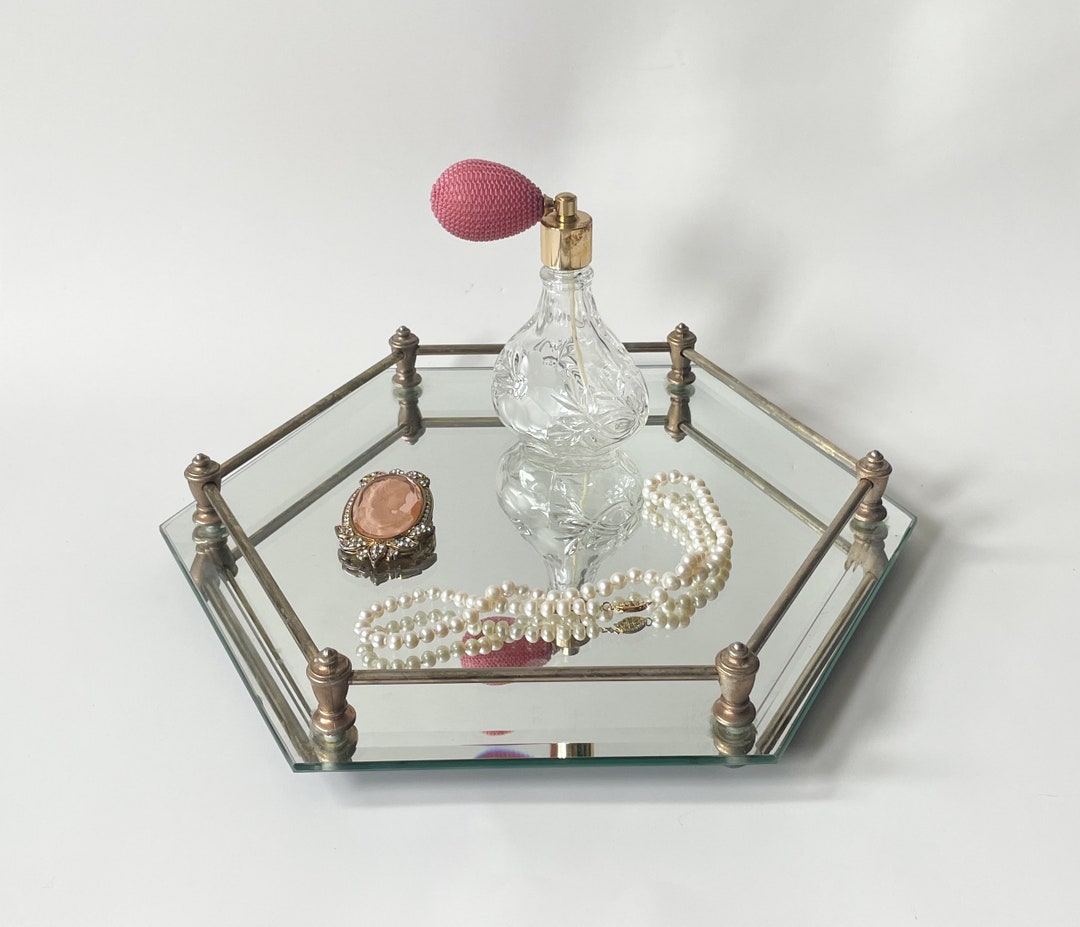 Vtg Mirrored Glass Vanity Tray Hexagonal W/ Gold Metal Rail & Bevelled ...