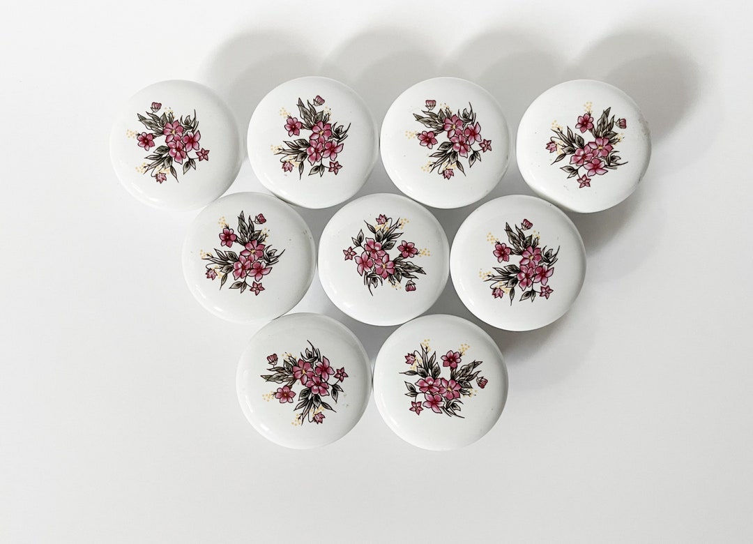 Vtg Porcelain Drawer Pulls Cabinet Knobs Purple Pink Floral Design W/ Sprigs of Yellow 9pc Set ...
